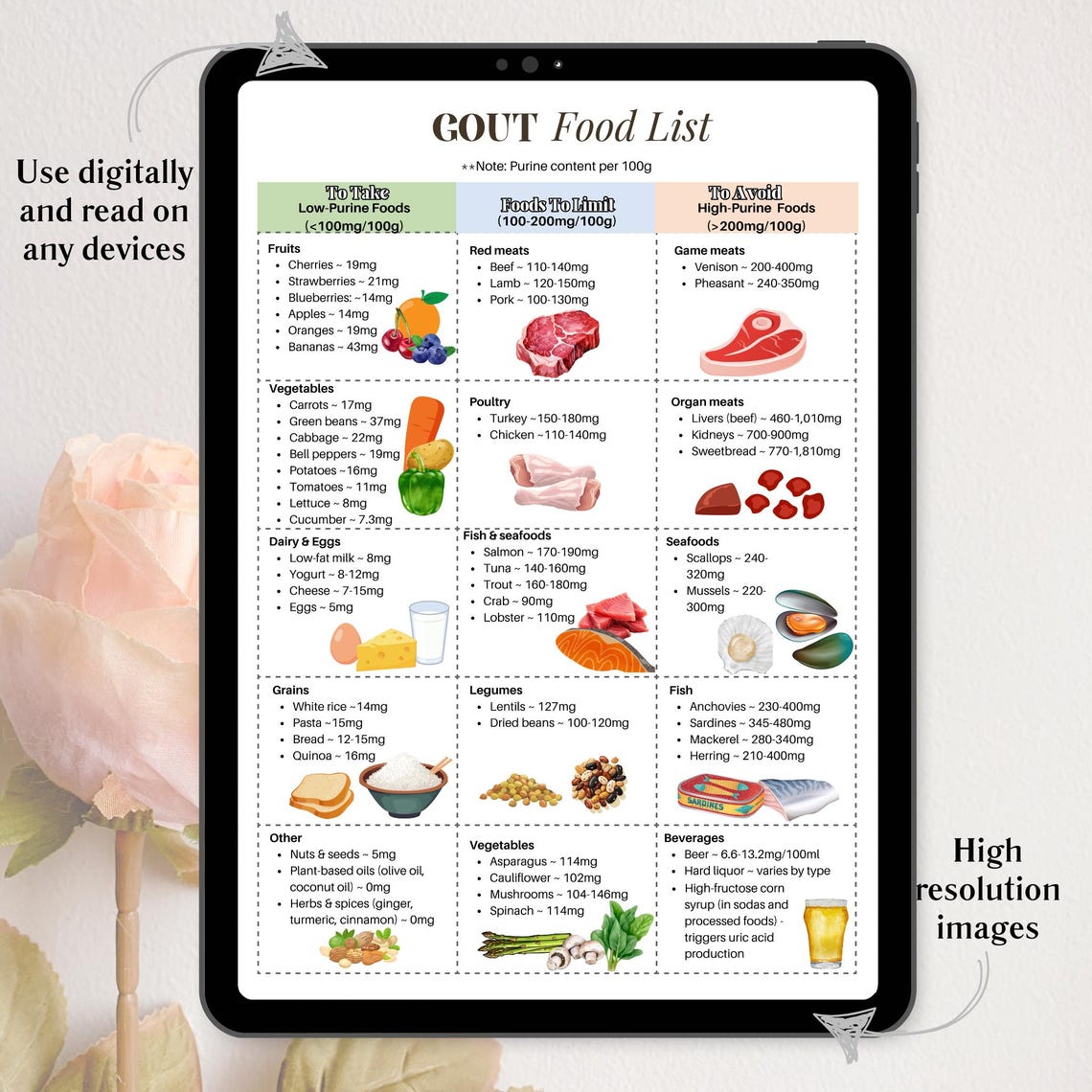 Gout Diet Food Chart, Gout Food List Poster PDF, Gout Diet Education ...