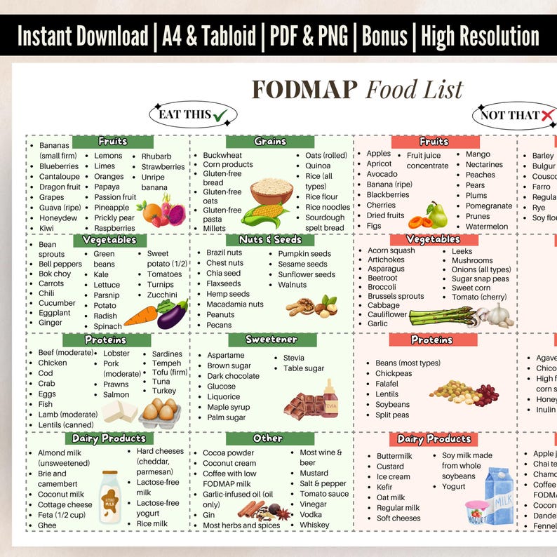 Fodmap Diet Guide PDF Poster, Fodmap Sibo Diet List for Low Fodmap Meal ...