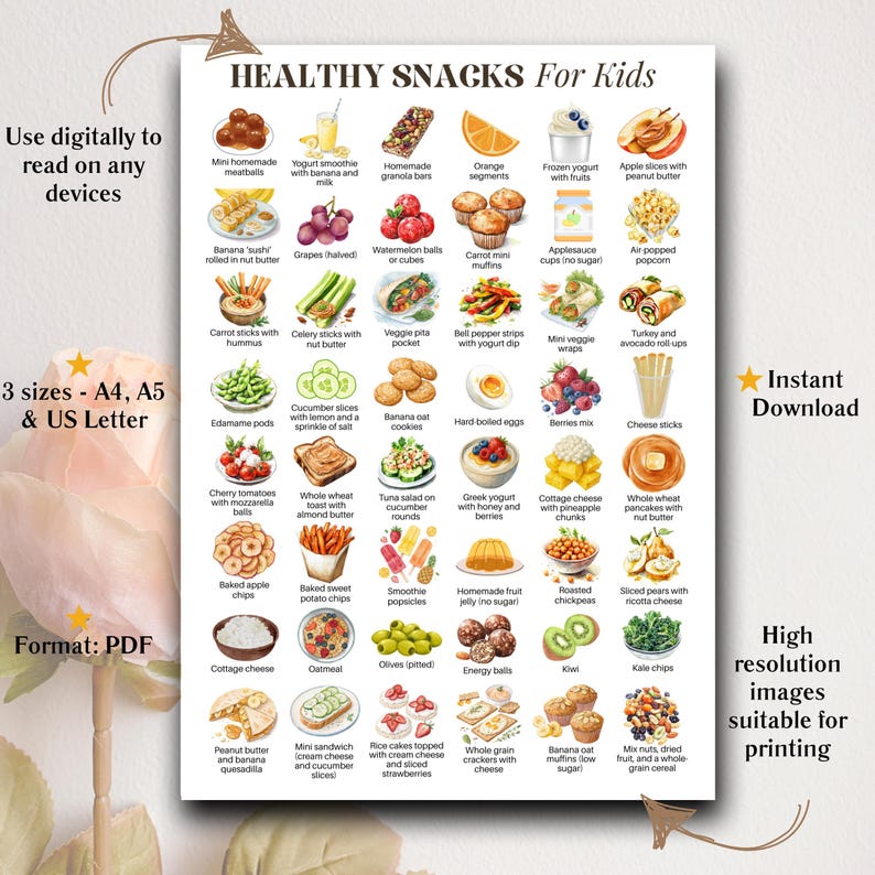 Healthy Snacks for Kids PDF, Quick Snacks for Children Printable, Easy ...