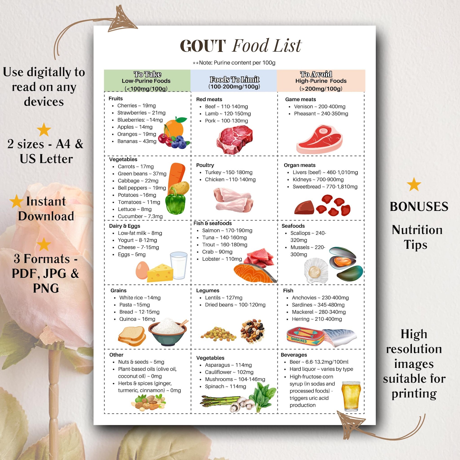 Gout Diet Food Chart Gout Food List Poster Pdf Gout Diet Education Gout Shopping List For