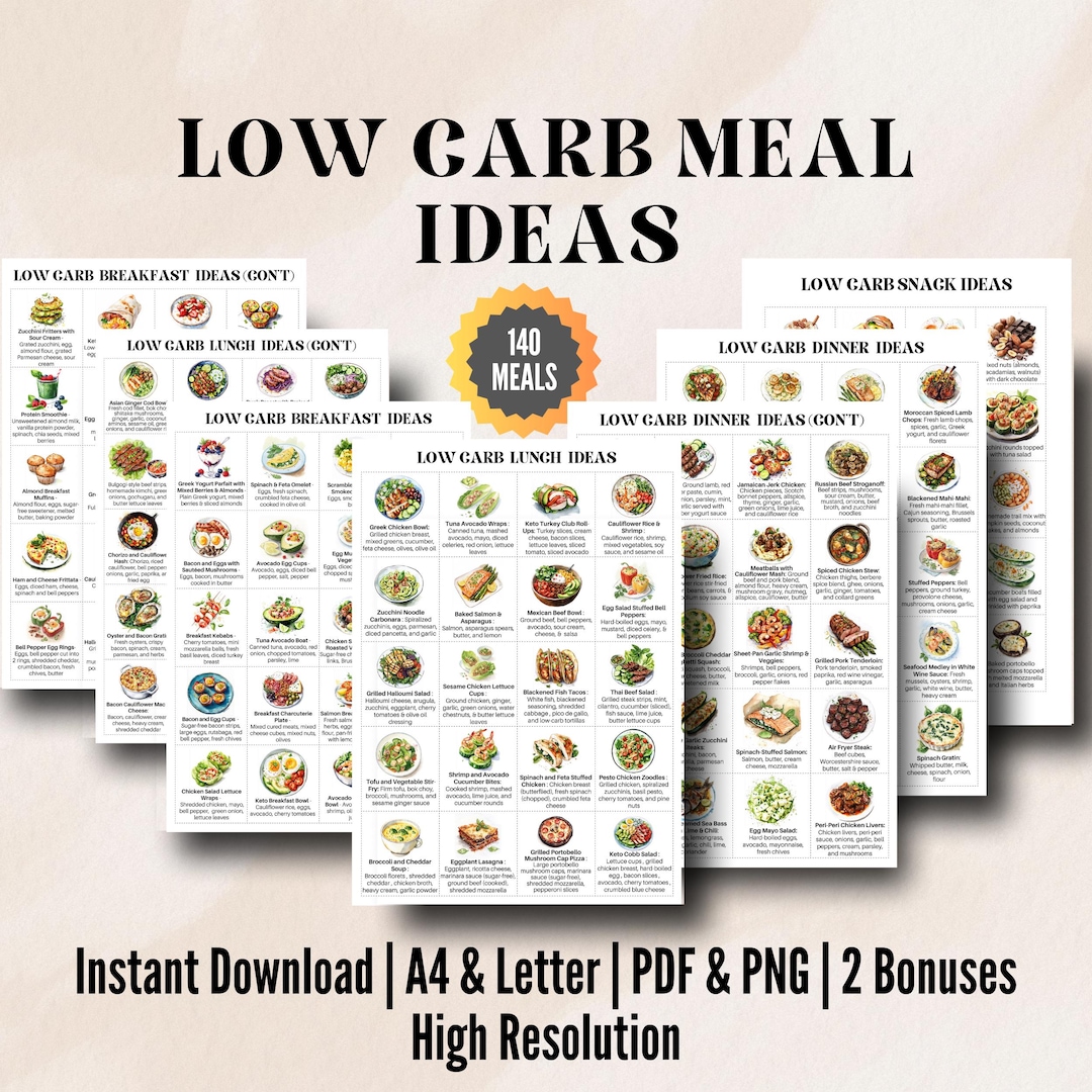 140 Low Carb Meal Ideas PDF & PNG, Low Carb Meals Chart for Low Carb ...
