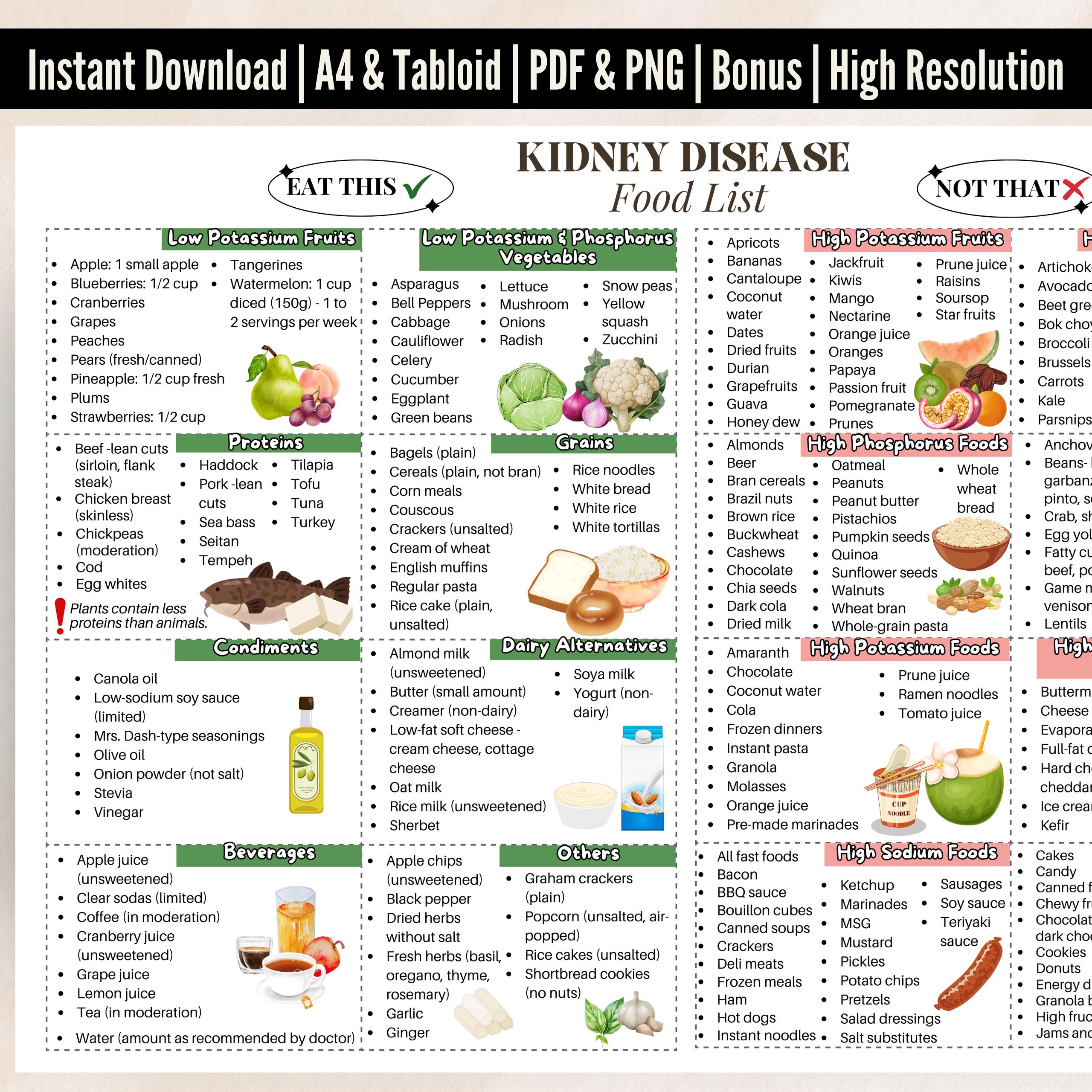 Kidney Food List Printable Digital Poster, Stage 3 Kidney Disease Food List, Kidney Friendly ...