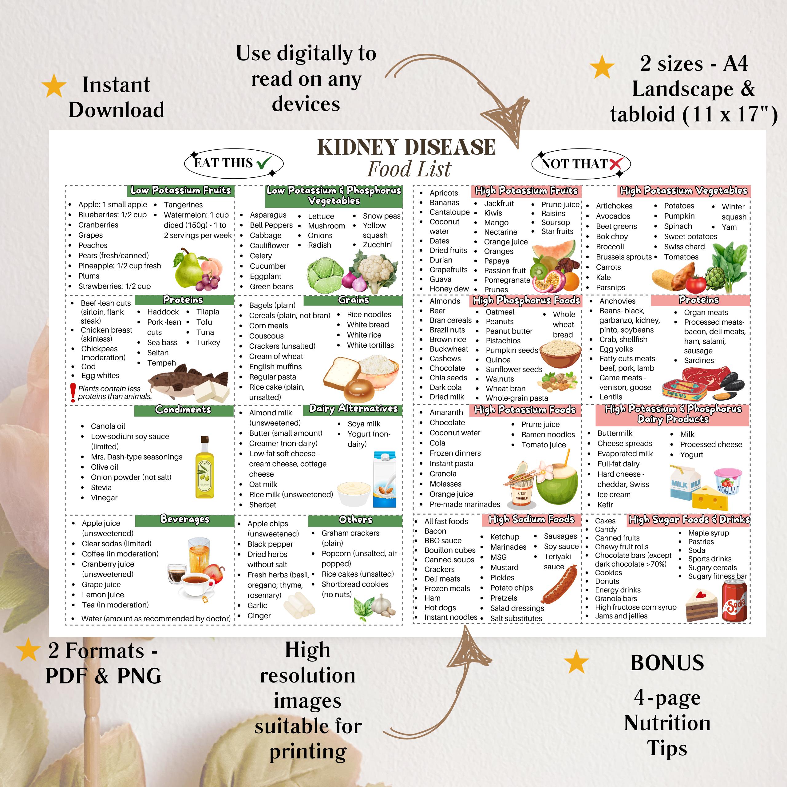 Kidney Food List Printable Digital Poster, Stage 3 Kidney Disease Food ...
