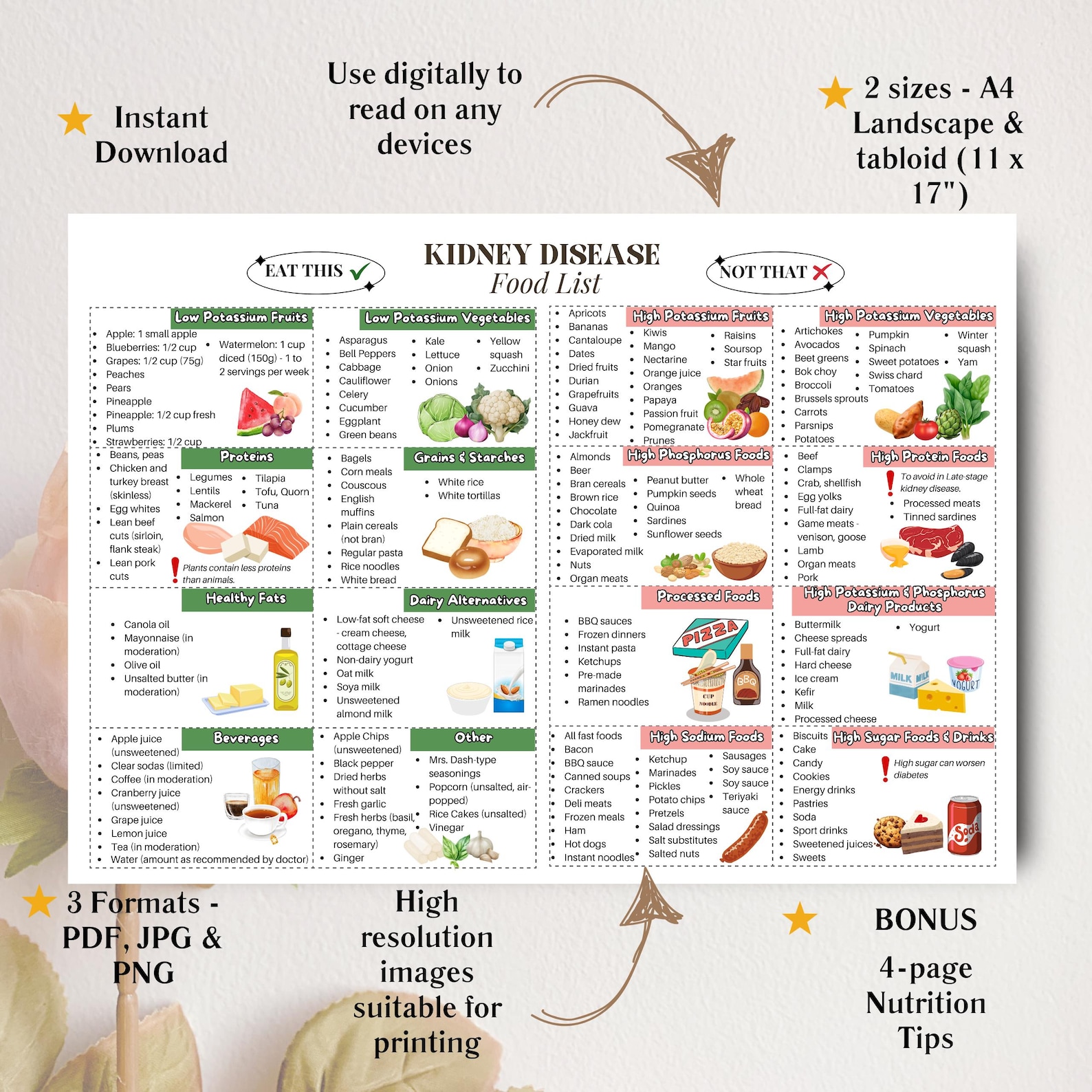 Kidney Food List Printable Digital Poster, Stage 3 Kidney Disease Food ...