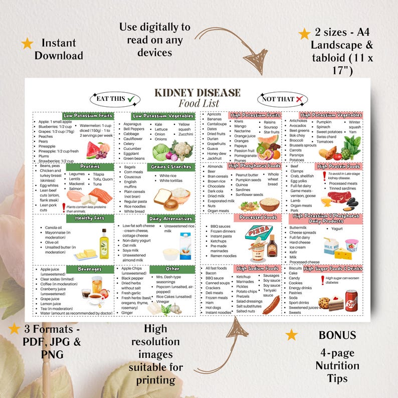 Kidney Food List Printable Digital Poster, Stage 3 Kidney Disease Food ...