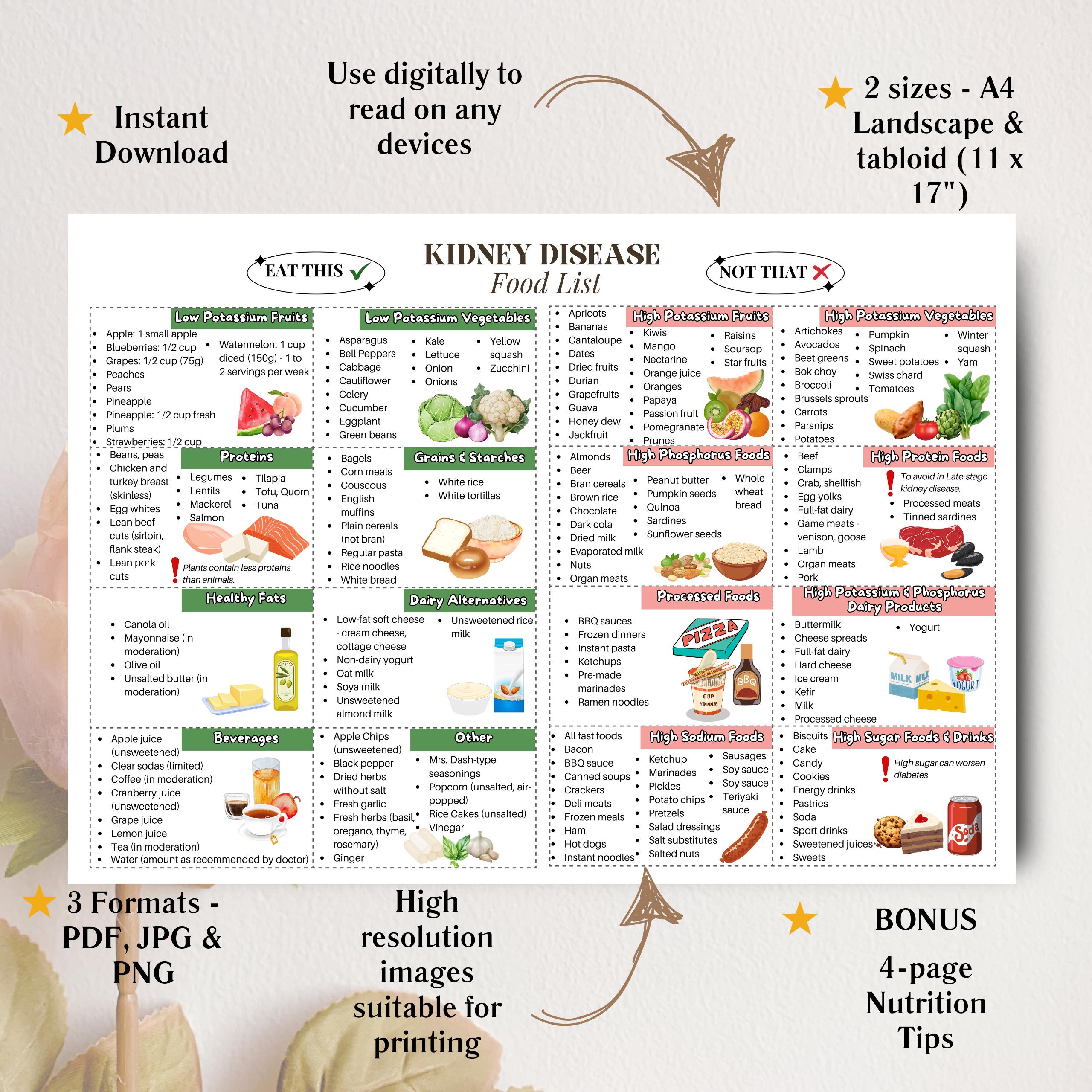Kidney Food List Printable Digital Poster, Stage 3 Kidney Disease Food ...