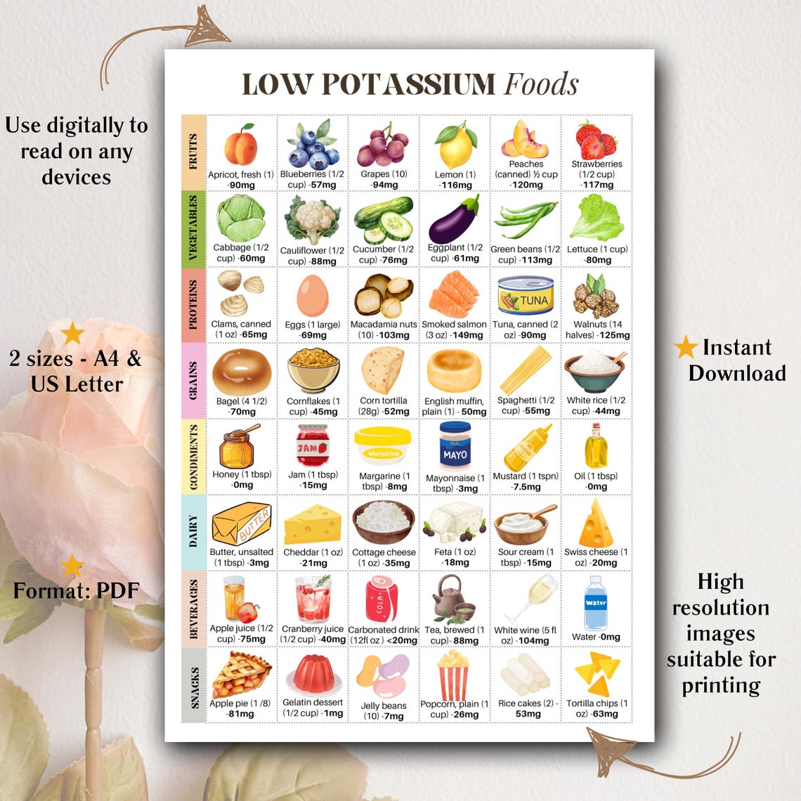 Low Potassium Foods Chart PDF | Renal Diet Food Chart | Kidney Friendly ...