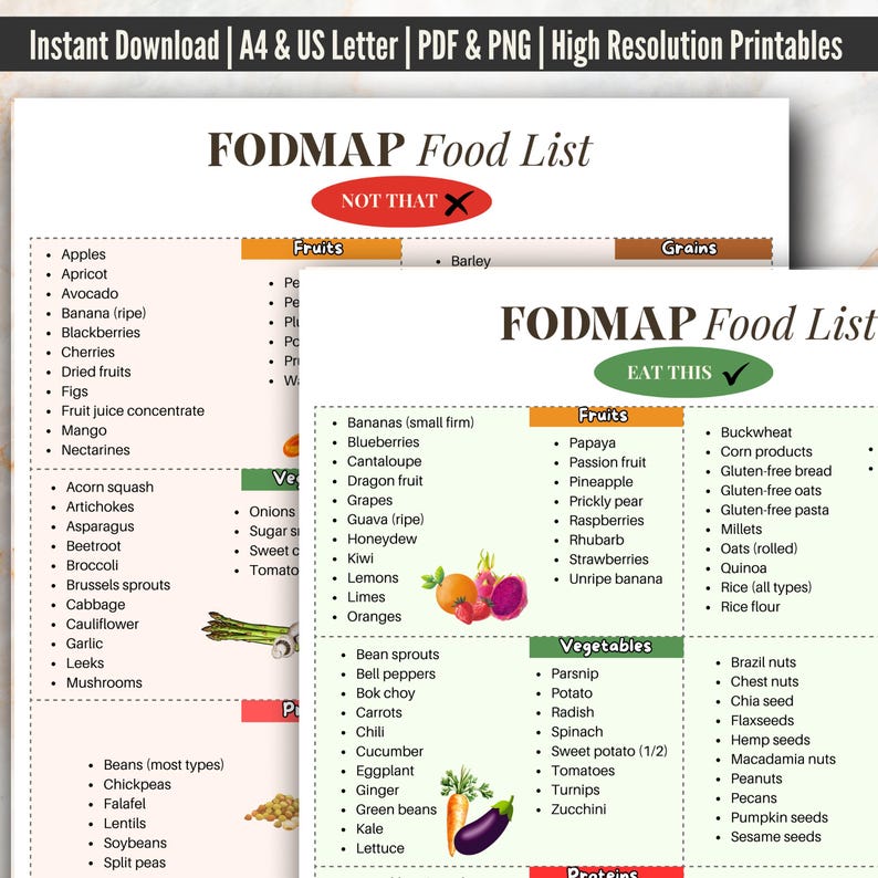 Fodmap IBS Food List, Low Fodmap Printable Diet List for Fodmap Meal Plan and Fodmap Treat, Low ...