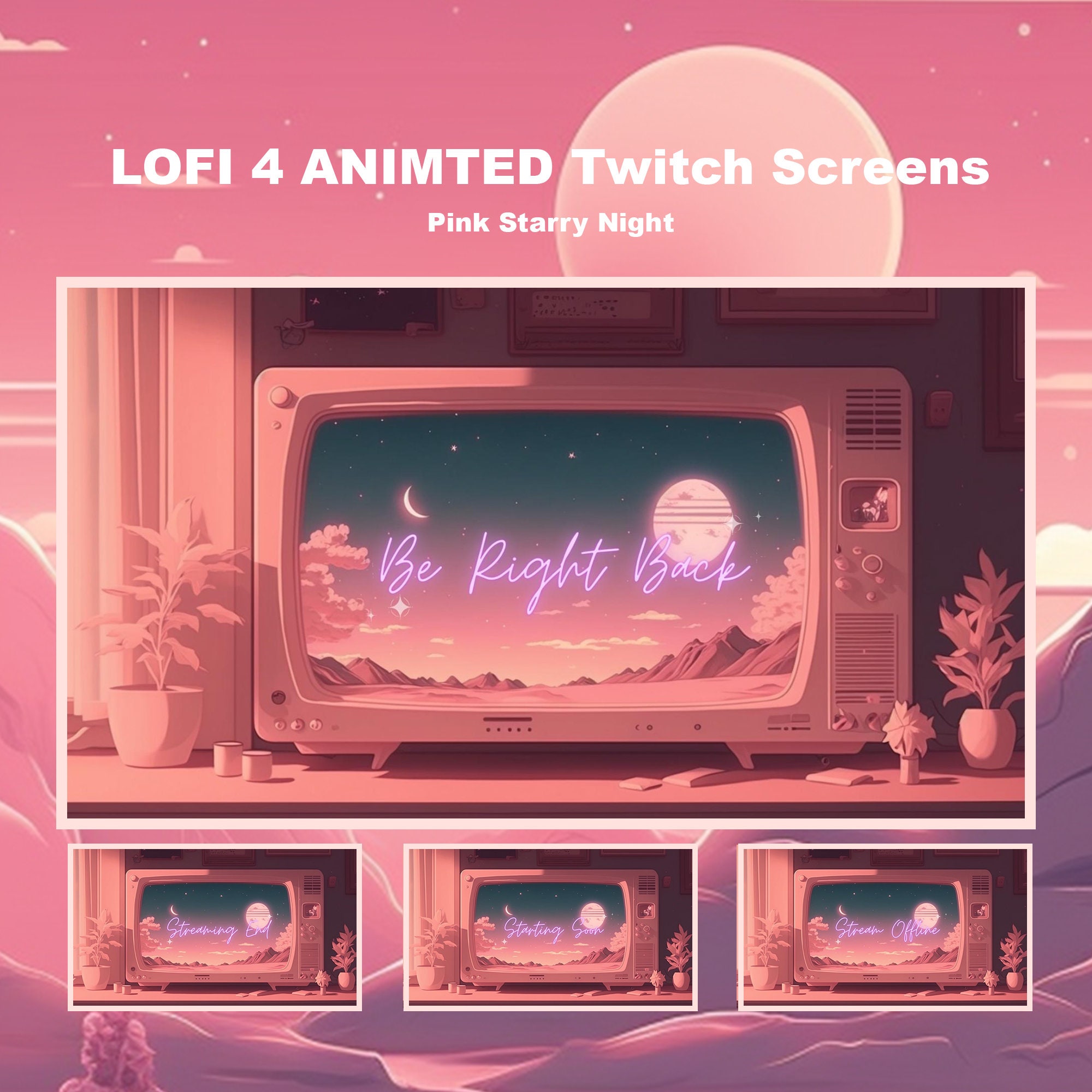 Cozy Animated Twitch Screens Set/ Pink Lofi TV Room/ Looped Vtuber ...