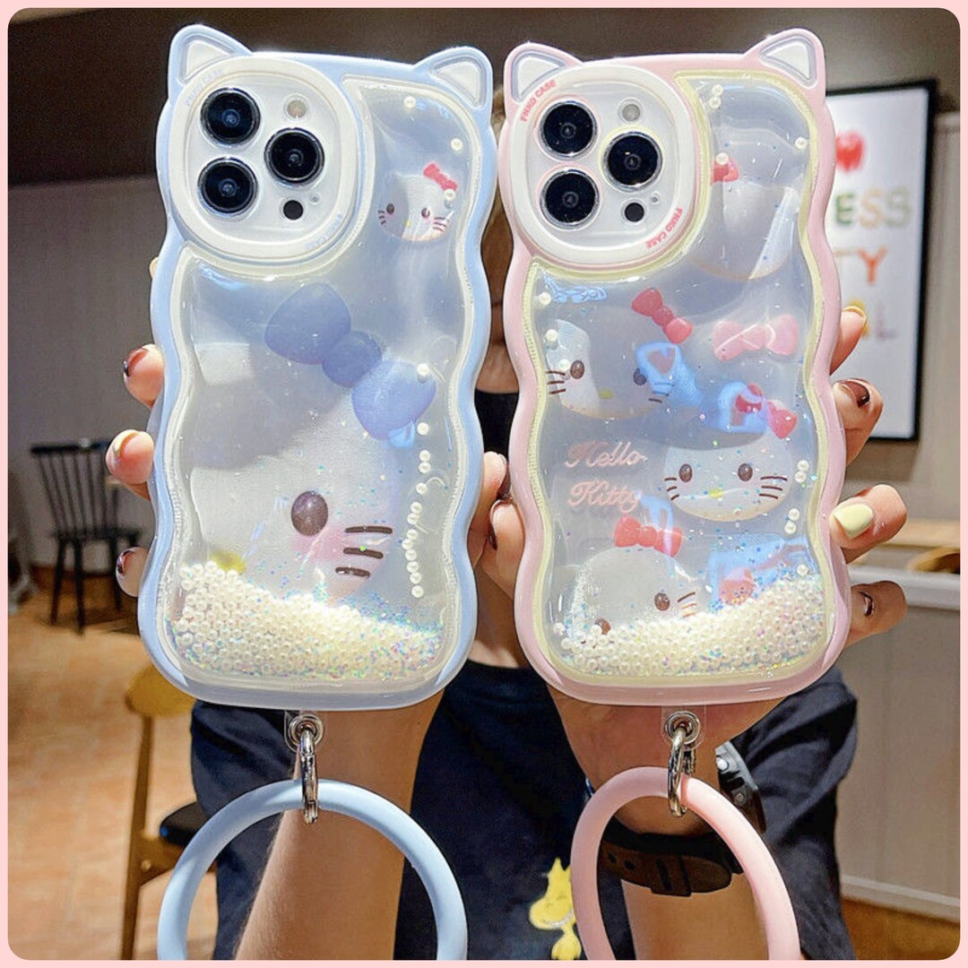 Kawaii Cute Cartoon Couple Cat With Hair Bow Girl Heart Flowing Sand ...