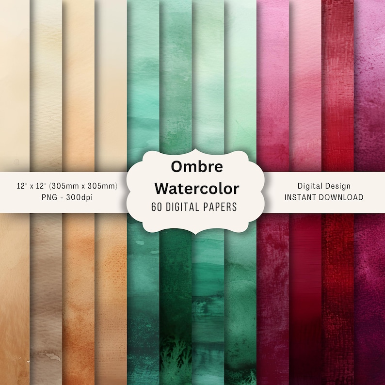 Ombre Watercolor Digital Paper – 60 Rainbow Colors Gradient Watercolor ...