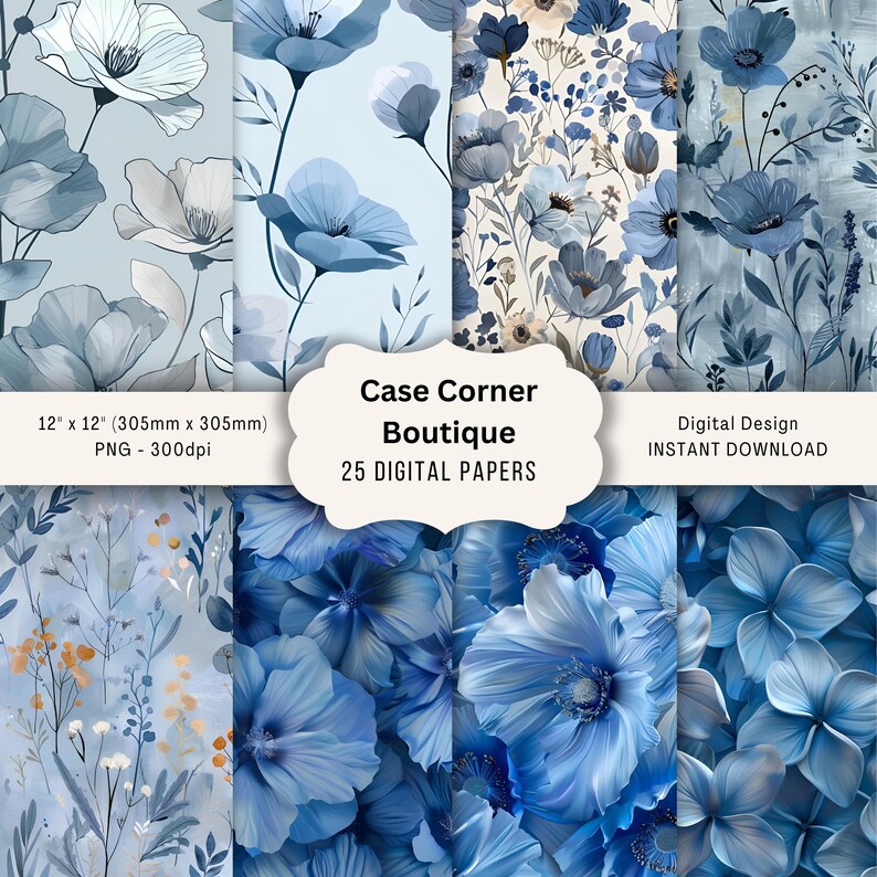 Blue Floral Digital Paper Pack, Scrapbook Backgrounds (digital Download ...