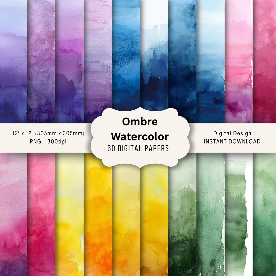 Watercolor Ombre Digital Paper – 60 Rainbow Backgrounds (digital ...
