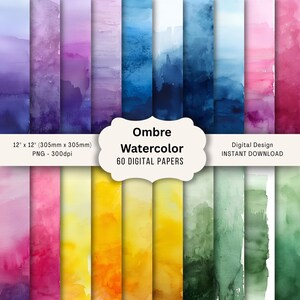 Ombre Watercolor Digital Paper – 60 Rainbow Colors Gradient Watercolor ...