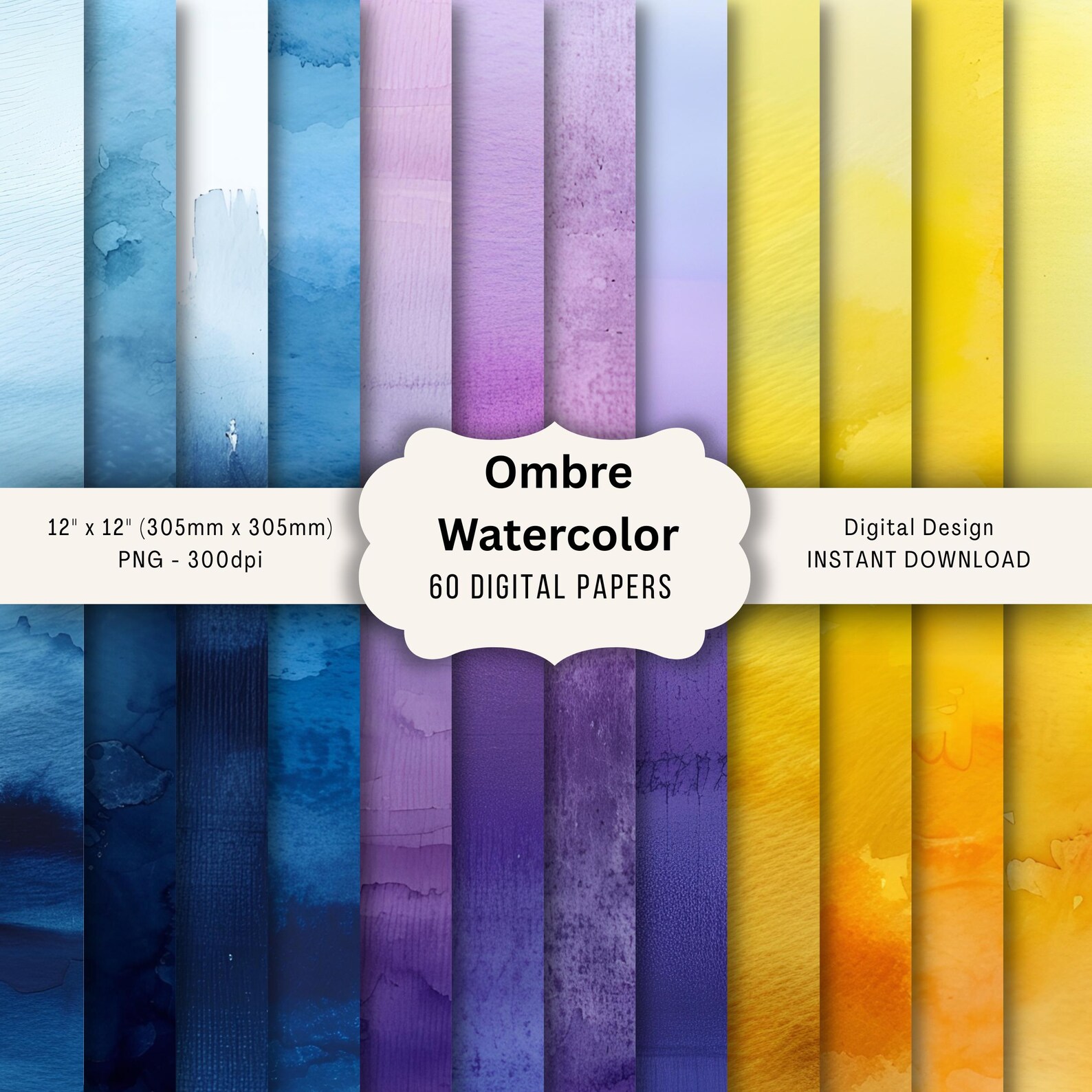 Ombre Watercolor Digital Paper – 60 Rainbow Colors Gradient Watercolor ...