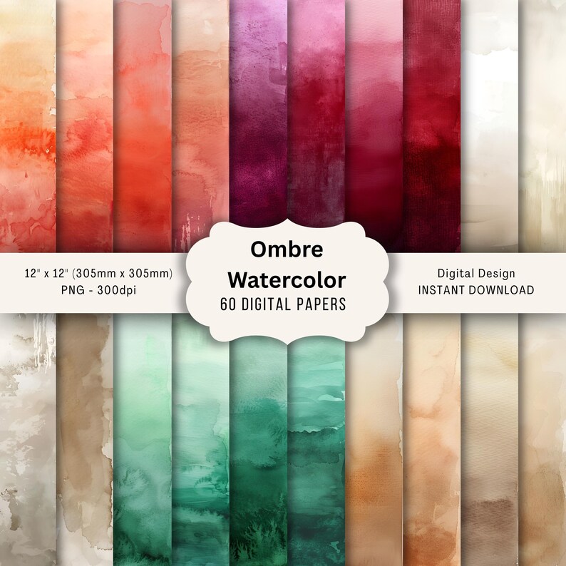 Ombre Watercolor Digital Paper – 60 Rainbow Colors Gradient Watercolor ...