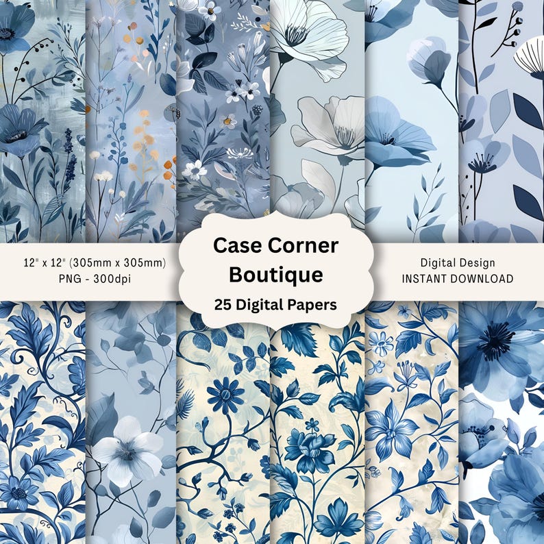Blue Floral Digital Paper Pack, Scrapbook Backgrounds (digital Download ...
