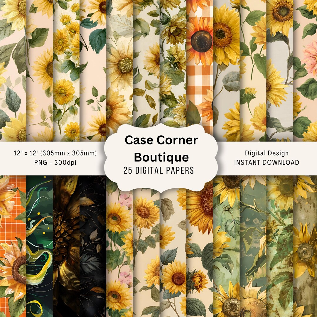Sunflower Digital Paper Pack, Yellow Sunflowers Pattern, 12x12 PNG, 300 ...
