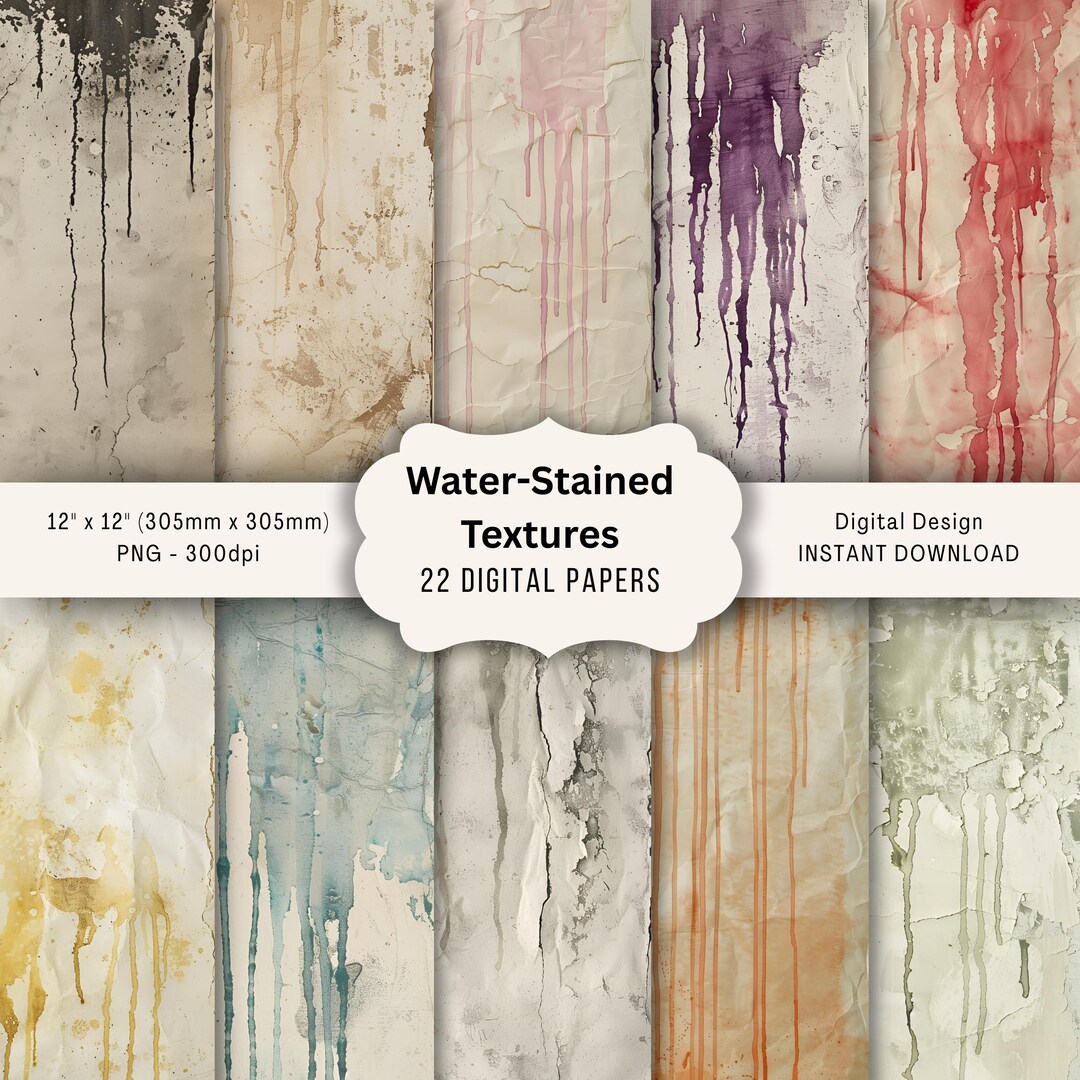 Water-stained Digital Paper Textures, Vintage Aged Backgrounds, Ink ...