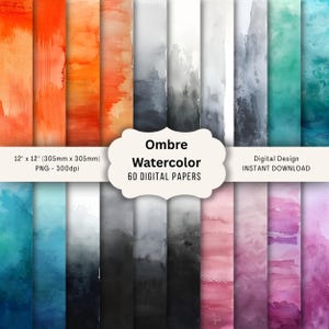 Ombre Watercolor Digital Paper – 60 Rainbow Colors Gradient Watercolor ...