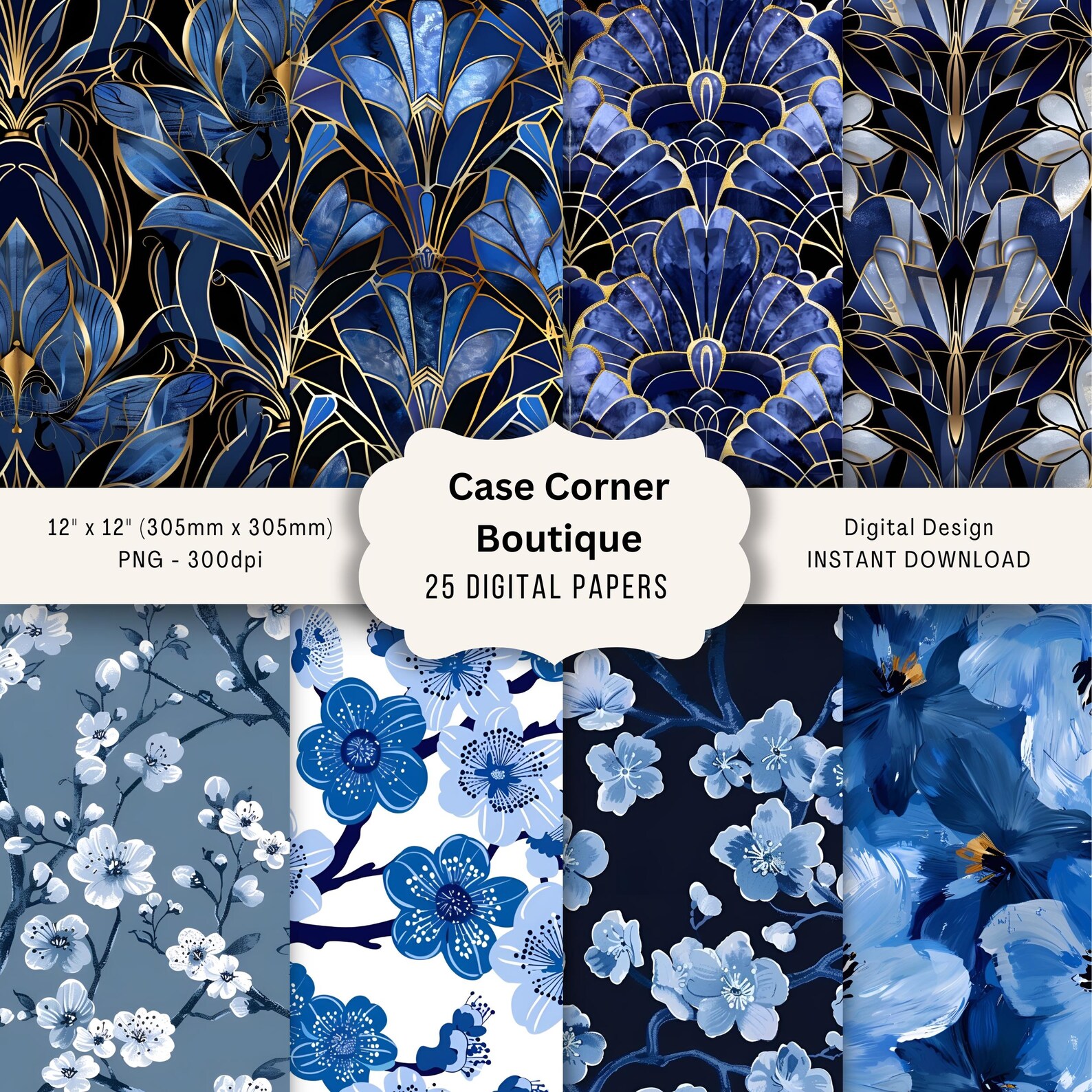Blue Floral Digital Paper Pack, Scrapbook Backgrounds (digital Download ...