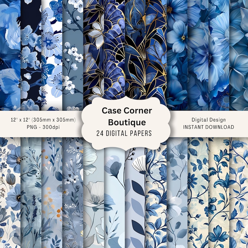 Blue Floral Digital Paper Pack, Scrapbook Backgrounds (digital Download ...