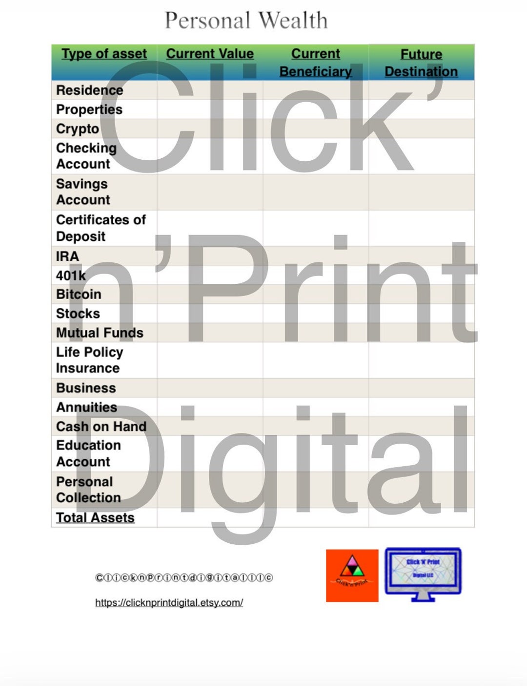 Personal Wealth DIY Form Instant Downloadable Digital PDF Template - Etsy
