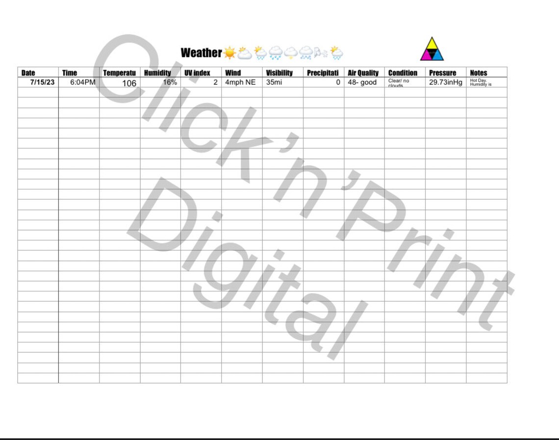 Weather Form for Business. Instant Downloadable Pdf to Print Out or Use ...