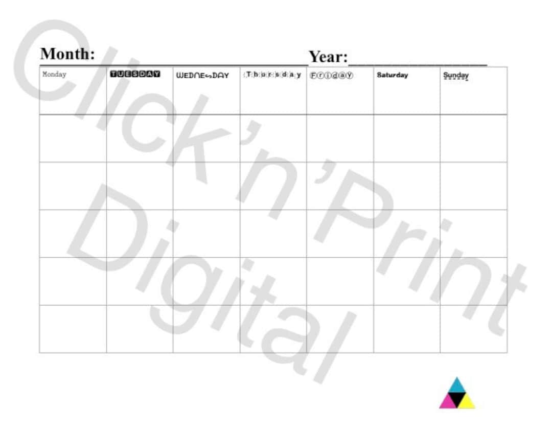 Monday-sunday Blank Calendar Instant PDF DOWNLOAD. Blank Calendar ...