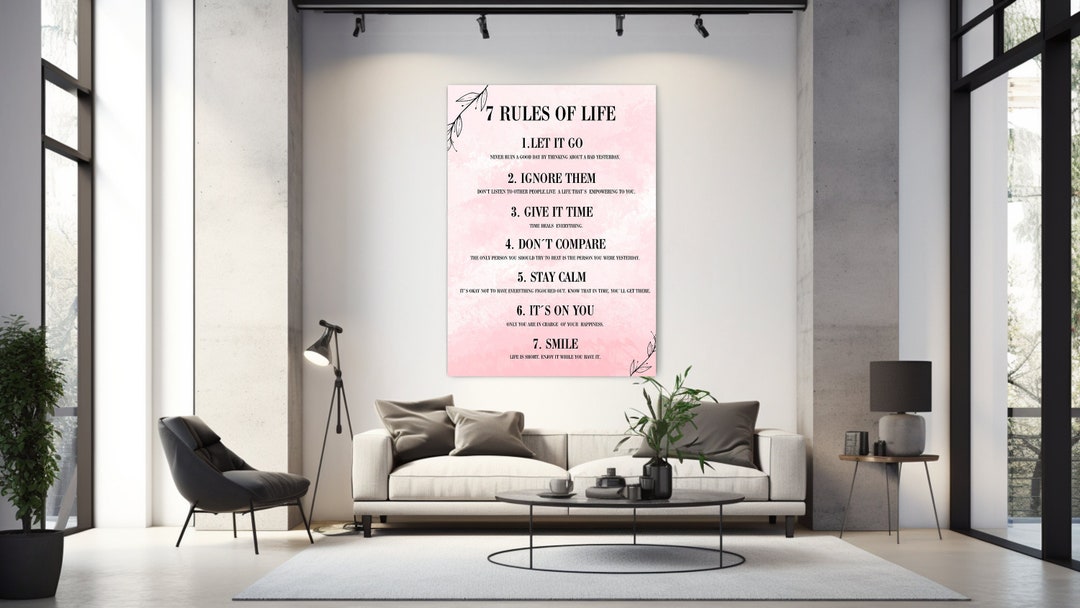 7 Rules of Life, Quote, Pink, Black, Canvas Print, Aesthetic, Home ...