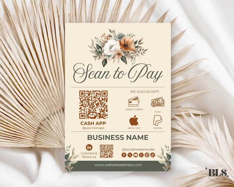 Canva Editable Scan to Pay Sign QR Code Sign Payment Sign Floral Scan ...