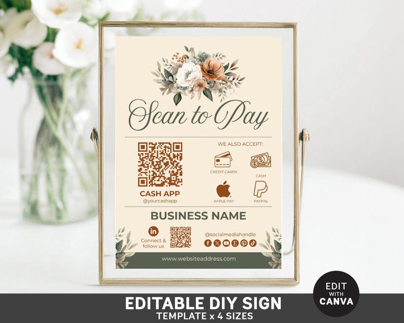 Canva Editable Scan to Pay Sign QR Code Sign Payment Sign Floral Scan ...