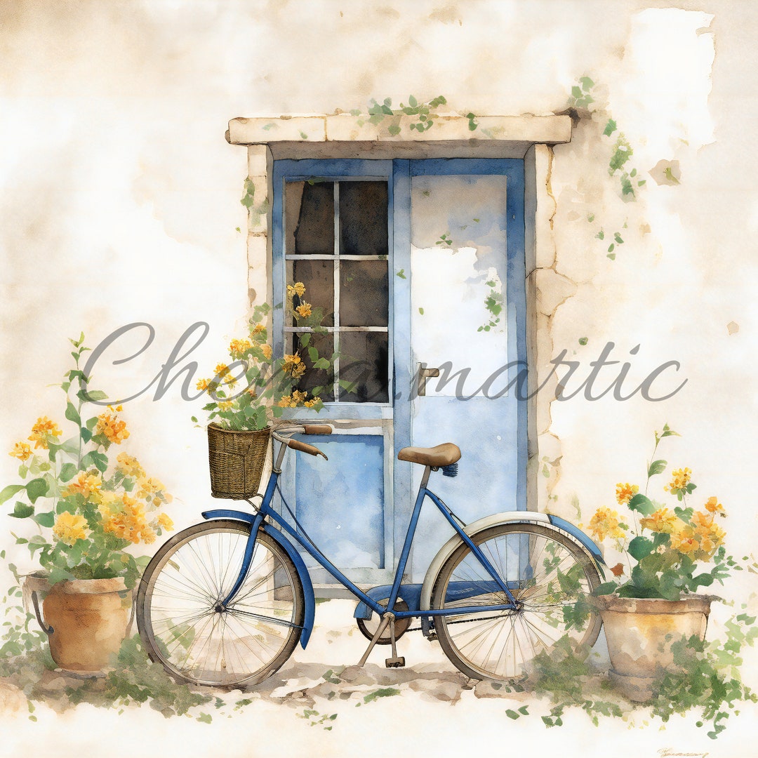 Pack 10 Bicycle Window Door and Flowers Watercolor Paintings, Digital ...