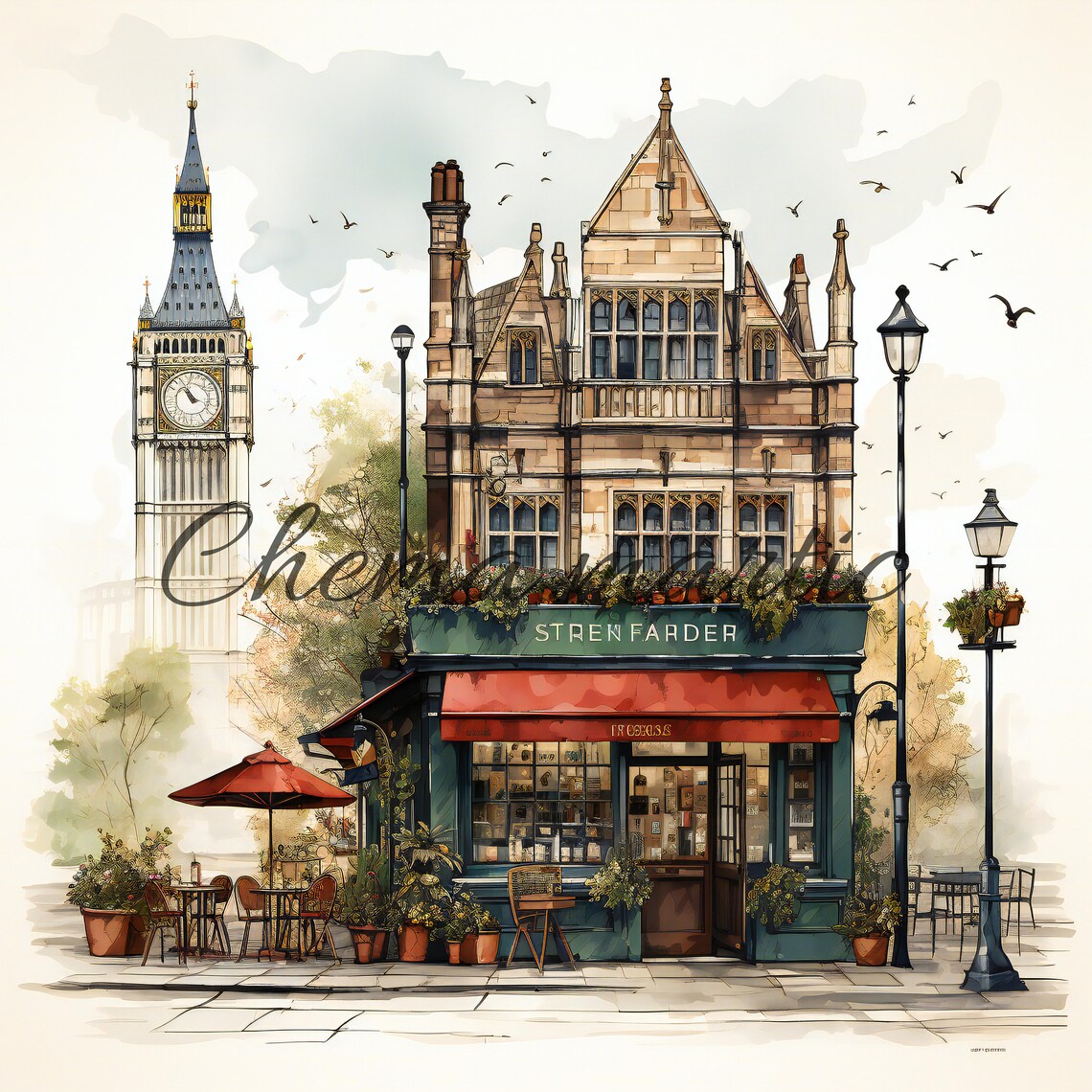 Pack 10 Fictional London Cafes Images, Clipart, Watercolor, Digital ...
