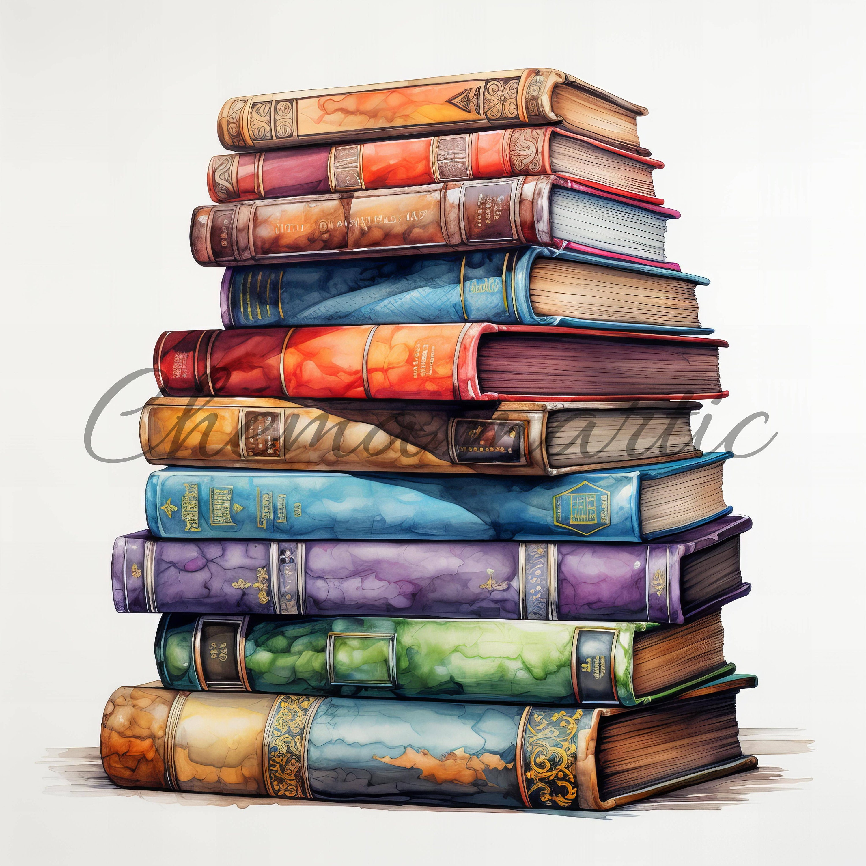 Pack 10 Stacked Books Artistic Painting Images, Clipart, Digital ...