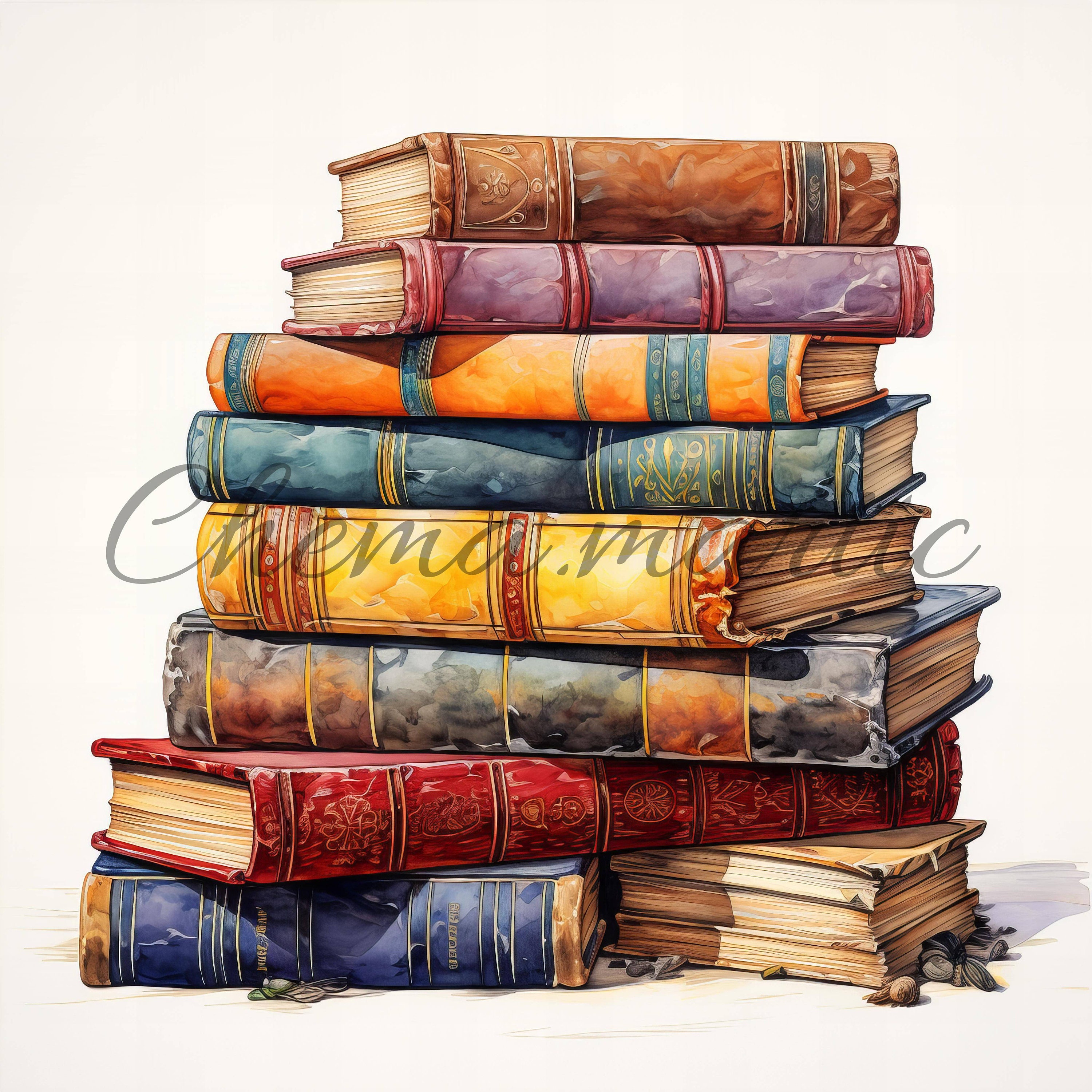 Pack 10 Stacked Books Artistic Painting Images, Clipart, Digital ...