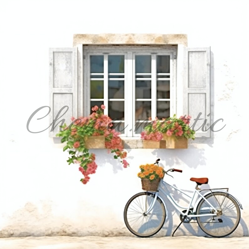 Pack 10 Bicycle Window Door and Flowers Watercolor Paintings, Digital ...