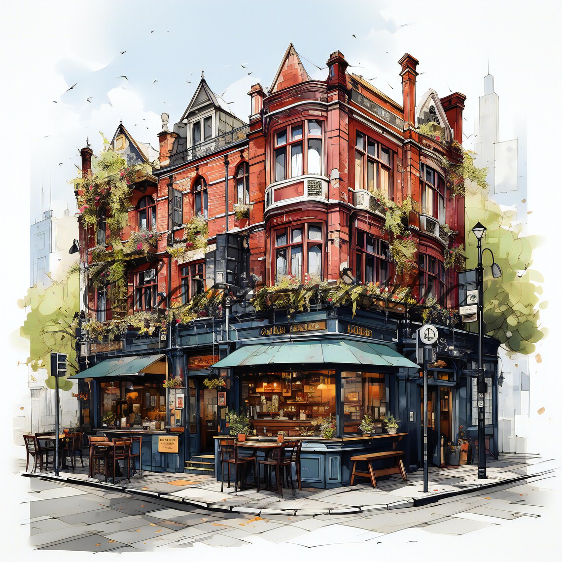 Pack 10 Fictional London Cafes Images, Clipart, Watercolor, Digital ...