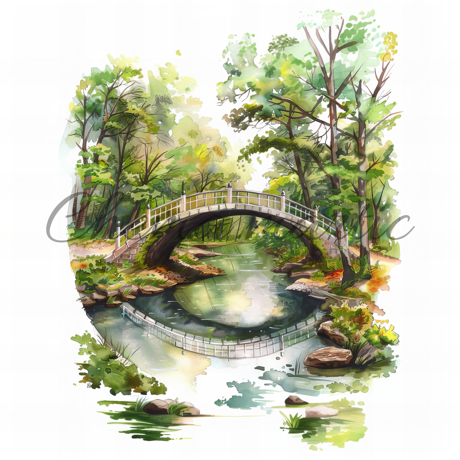 Pack 10 Watercolor Park Bridge Painting Images, Clipart, 10 JPG HQ ...