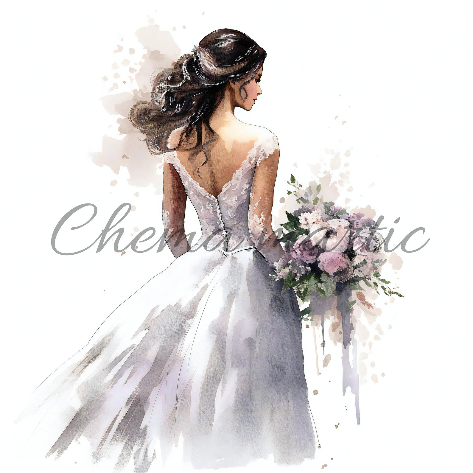 Pack 10 Bride With Bouquet Watercolor Painting Image, Clipart, Digital ...