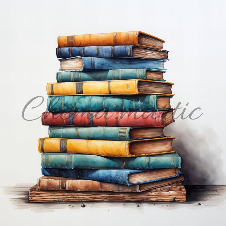 Pack 10 Stacked Books Artistic Painting Images, Clipart, Digital ...