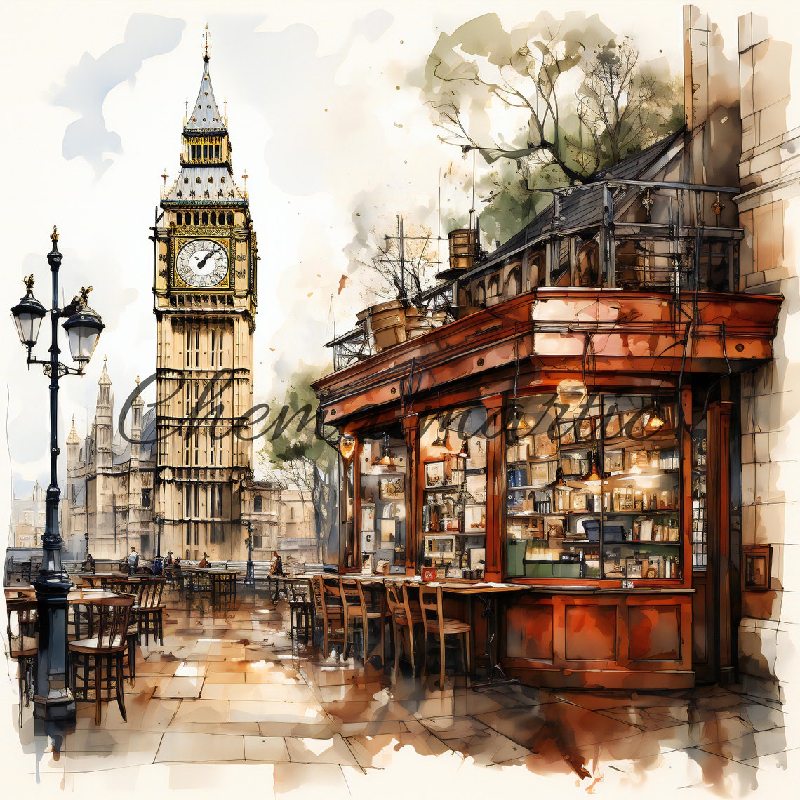 Pack 10 Fictional London Cafes Images, Clipart, Watercolor, Digital ...