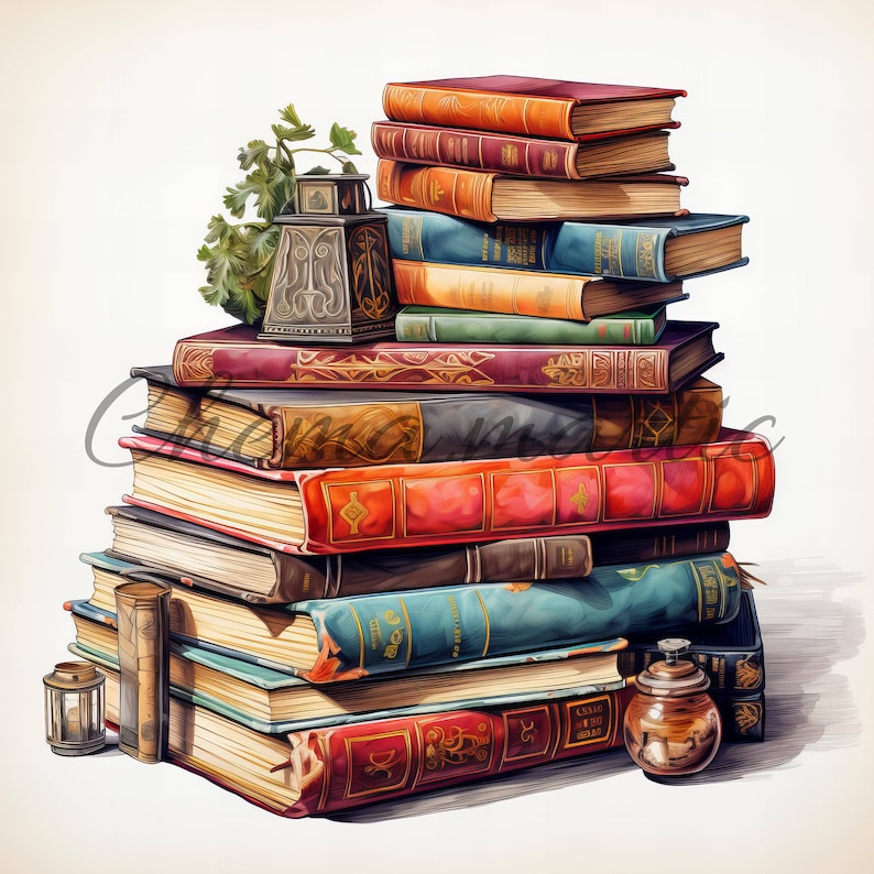 Pack 10 Stacked Books Artistic Painting Images, Clipart, Digital ...