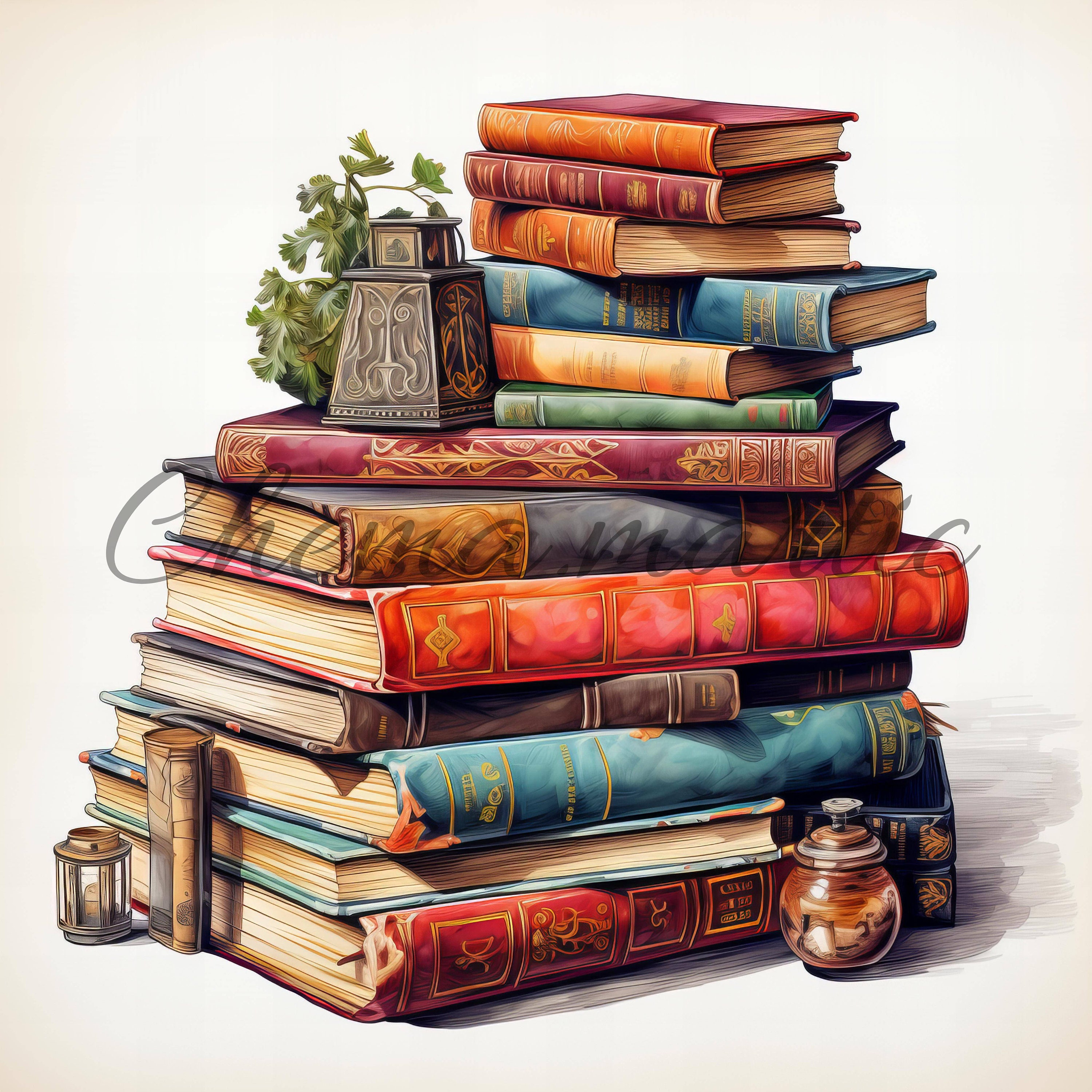 Pack 10 Stacked Books Artistic Painting Images, Clipart, Digital ...