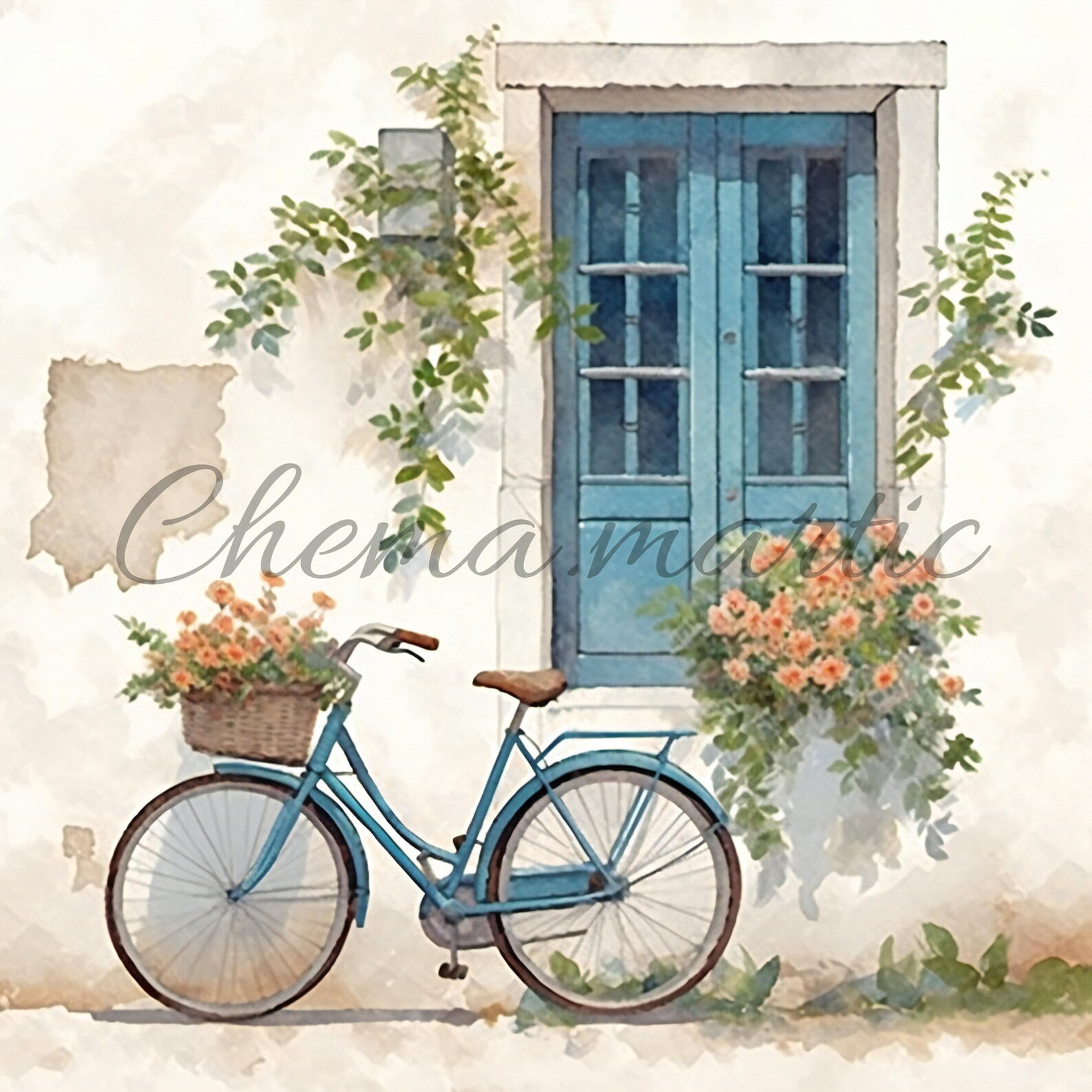Pack 10 Bicycle Window Door and Flowers Watercolor Paintings, Digital ...