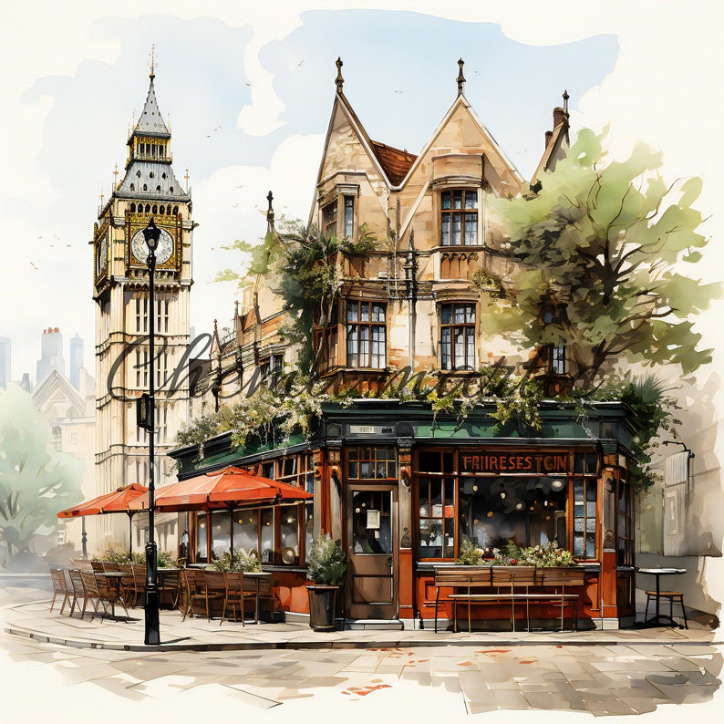 Pack 10 Fictional London Cafes Images, Clipart, Watercolor, Digital ...