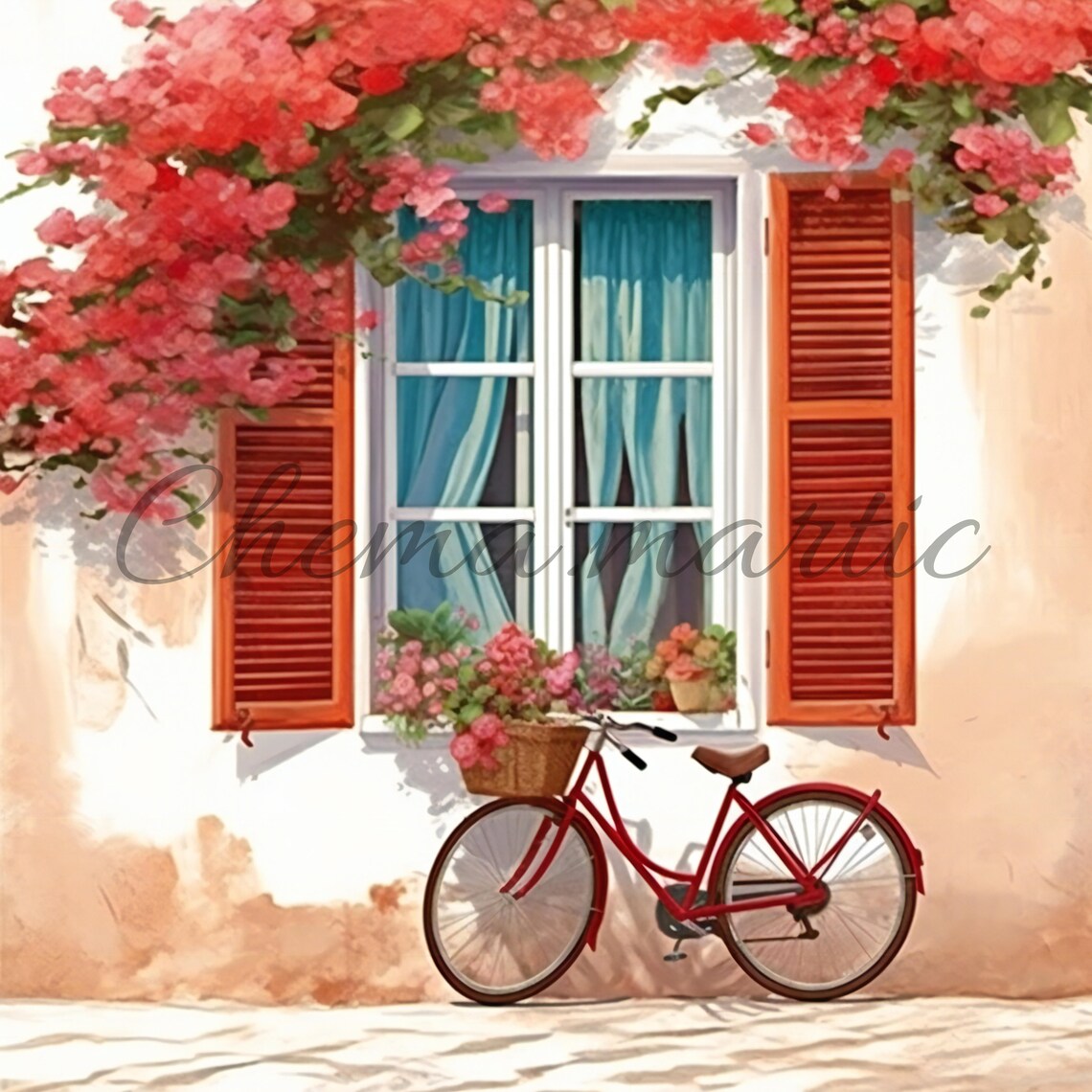 Pack 10 Bicycle Window Door and Flowers Watercolor Paintings, Digital ...