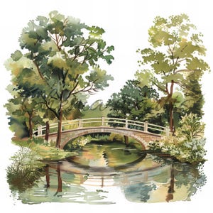Pack 10 Watercolor Park Bridge Painting Images, Clipart, 10 JPG HQ ...