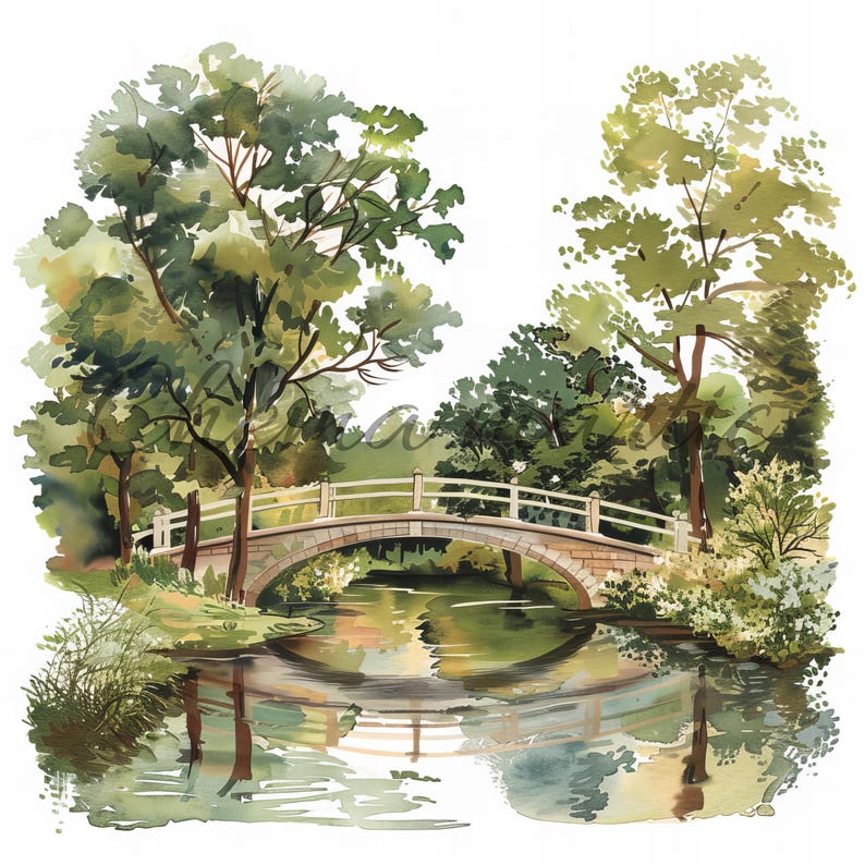 Pack 10 Watercolor Park Bridge Painting Images, Clipart, 10 JPG HQ ...