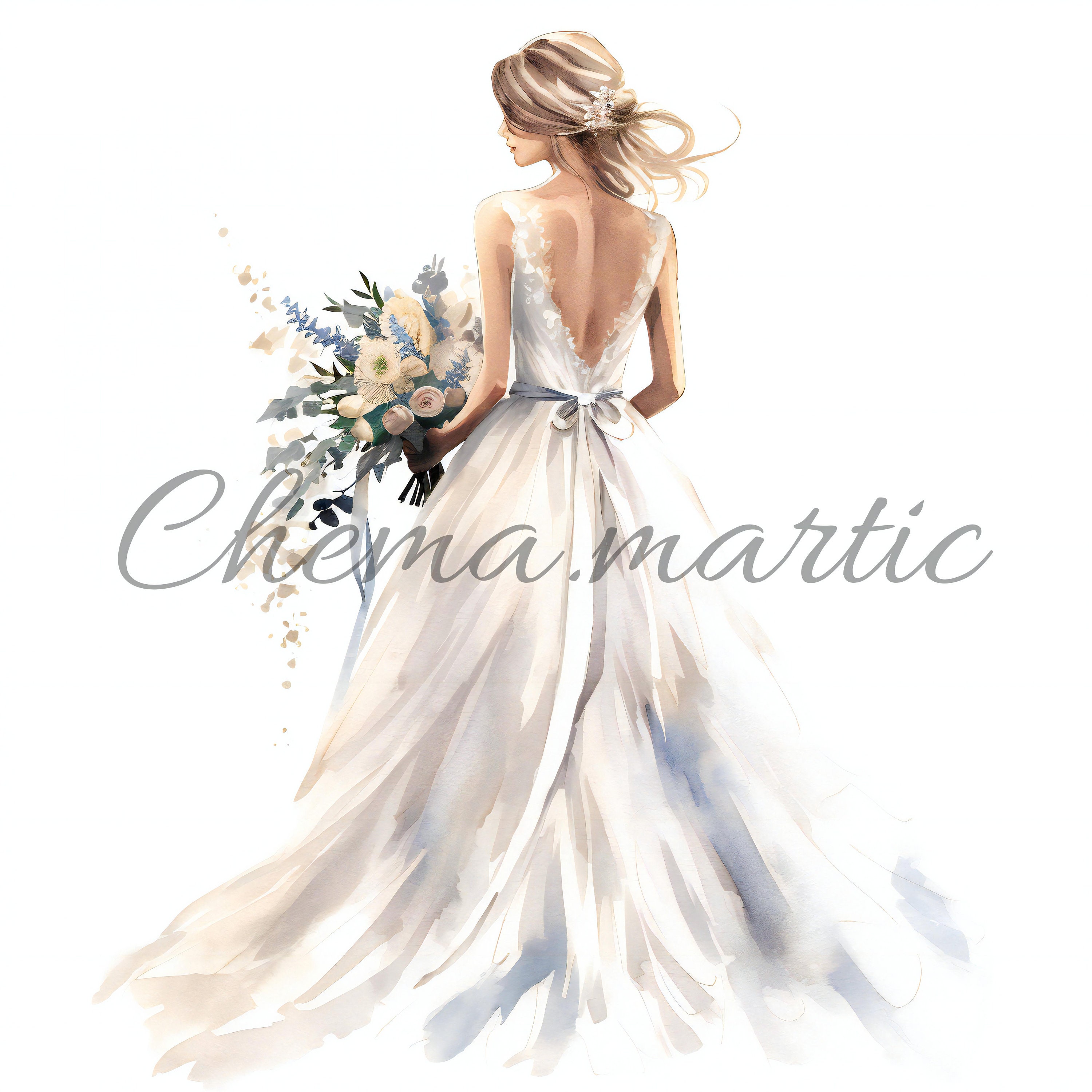 Pack 10 Bride With Bouquet Watercolor Painting Image, Clipart, Digital ...